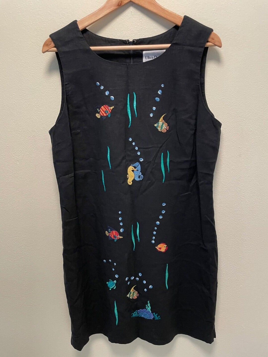 Vintage Ultra Dress Womens 14 Black Shift Linen Blend Fish Embroidered ...
