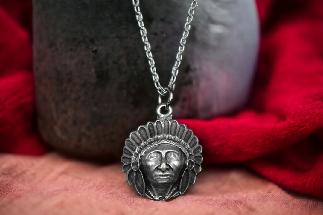 Apache Indian Chief Necklace, Silver-plated Tribal Warrior Pendant ...