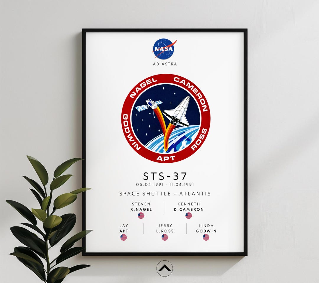 NASA Space Shuttle Poster, STS 37 Nasa Mission Badge, 1991 Nasa Poster, Atlantis Shuttle Wall ...
