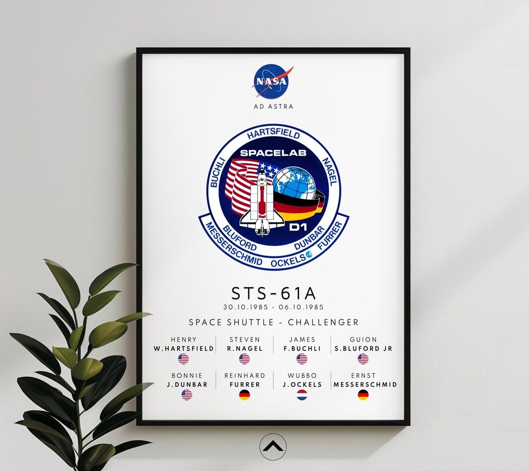 NASA Space Shuttle Poster, STS 61A Nasa Mission Badge, 1985 Nasa Poster, Challenger Shuttle Wall ...