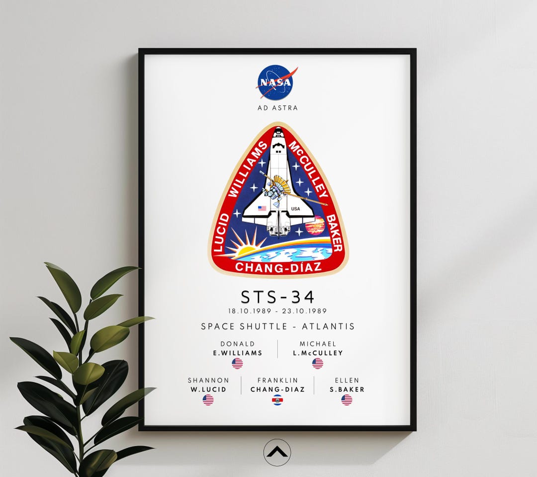 NASA Space Shuttle Poster, STS 34 Nasa Mission Badge, 1989 Nasa Poster ...