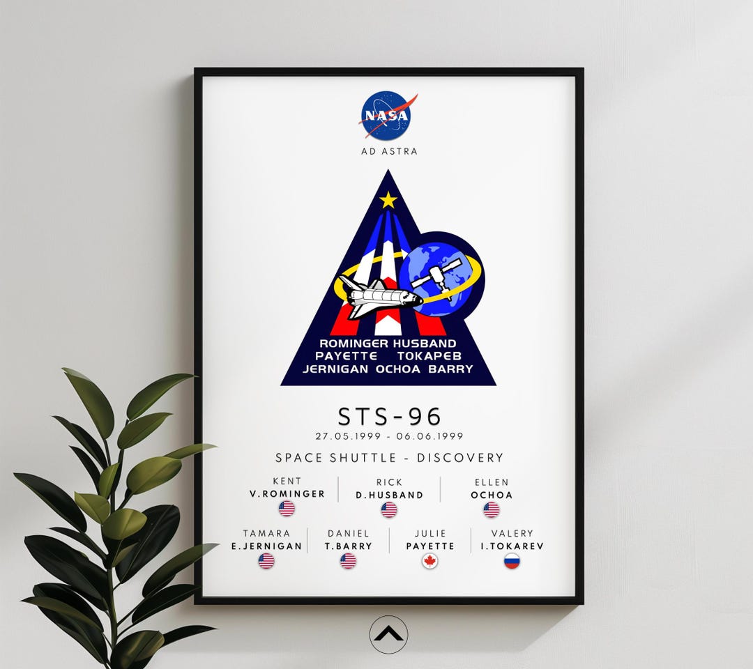 NASA Space Shuttle Poster, STS 96 Nasa Mission Badge, 1999 Nasa Poster, Discovery Shuttle Wall ...