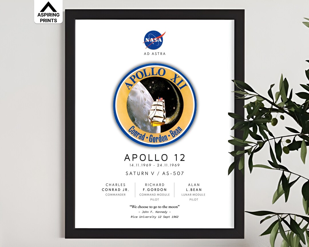 Apollo 12 NASA Moon Mission Poster, Apollo Space Program Decor, Moon Landing Print, Apollo ...