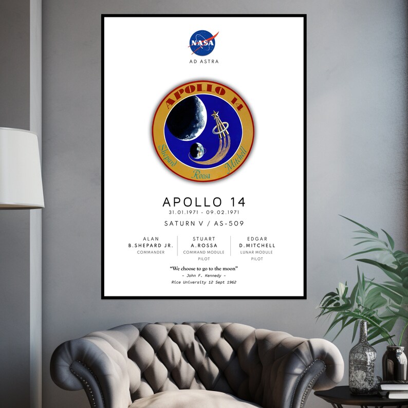 Apollo 14 NASA Moon Mission Poster, Apollo Space Program Decor, Moon Landing Print, Apollo ...