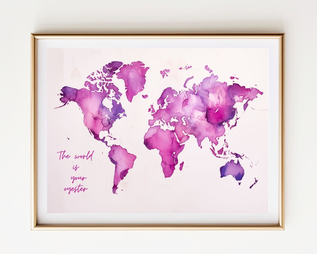 Pink World Map Art, Nursery World Map, Digital Download, World Map ...