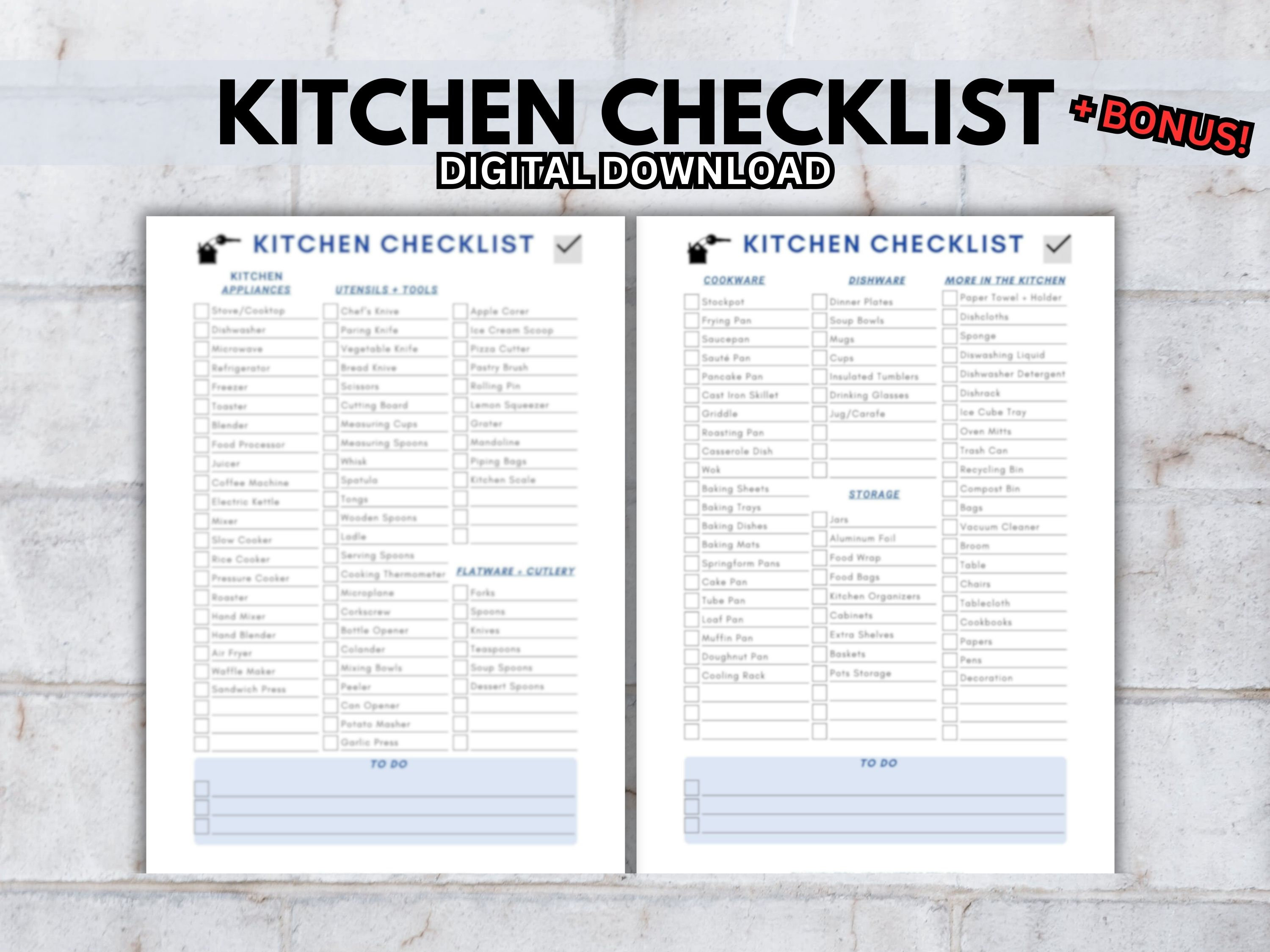 Printable Kitchen Checklist for Home Inventory, Moving Checklist, List ...