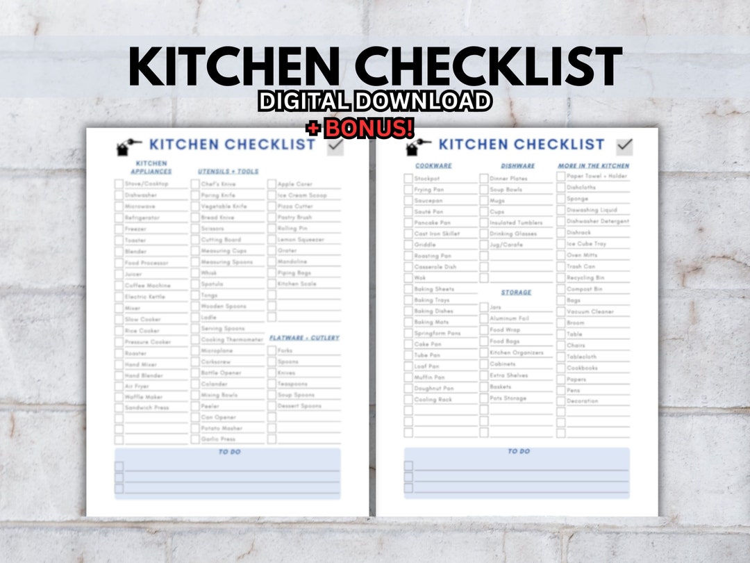 Printable Kitchen Checklist for Home Inventory, Moving Checklist, List ...