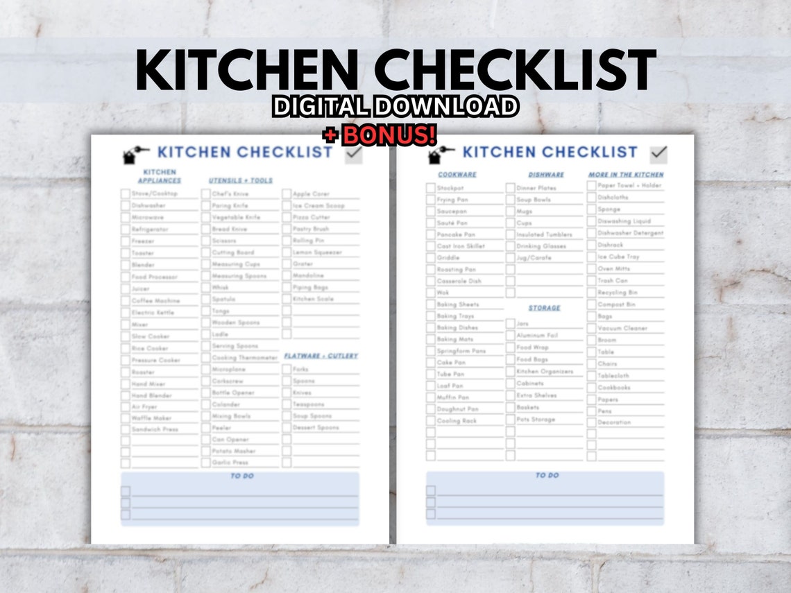 Printable Kitchen Checklist for Home Inventory, Moving Checklist, List ...