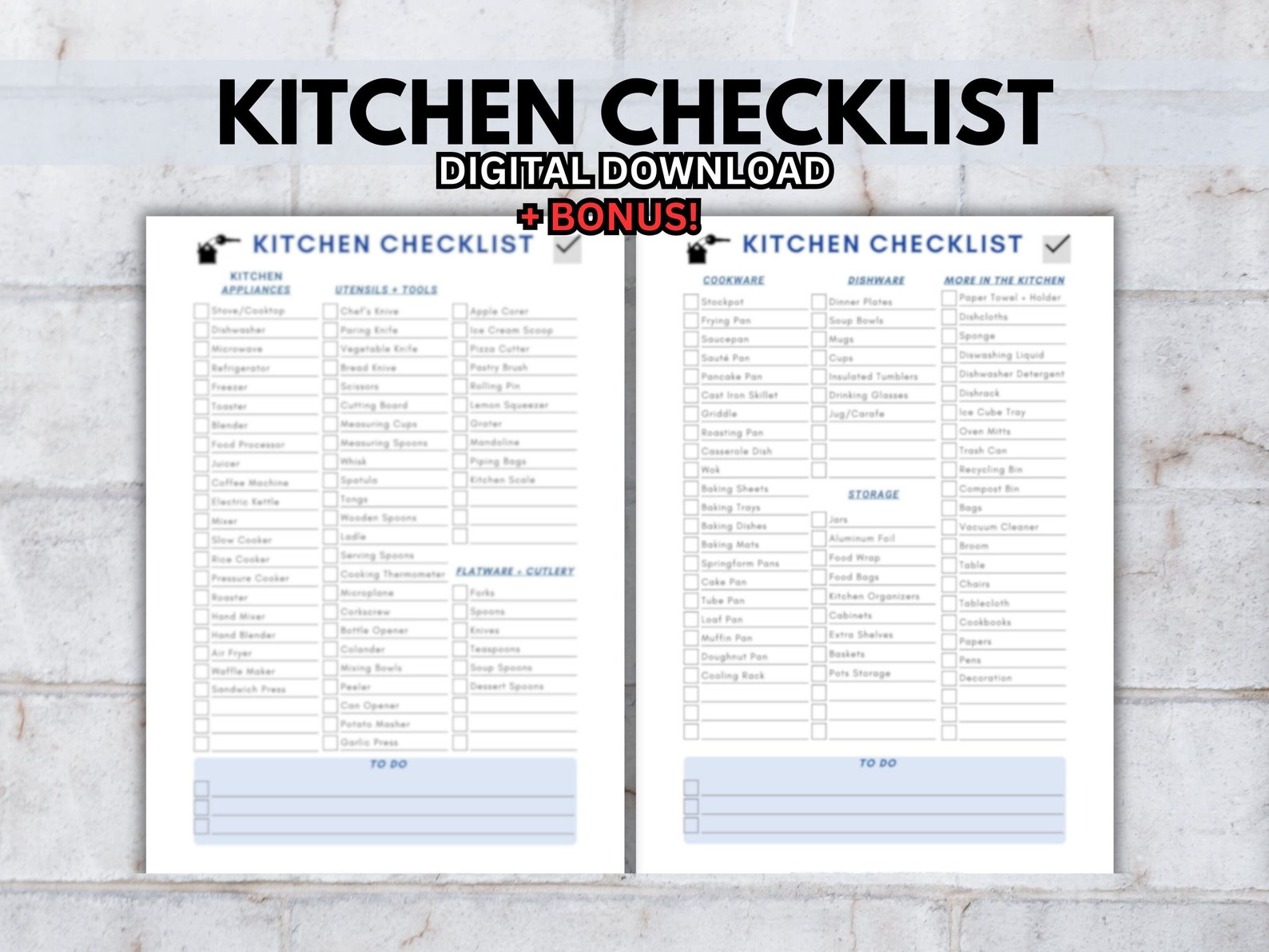 Printable Kitchen Checklist for Home Inventory, Moving Checklist, List ...