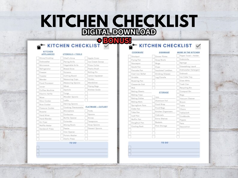 Printable Kitchen Checklist for Home Inventory, Moving Checklist, List ...