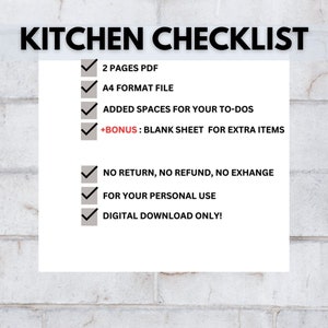 Printable Kitchen Checklist for Home Inventory, Moving Checklist, List ...