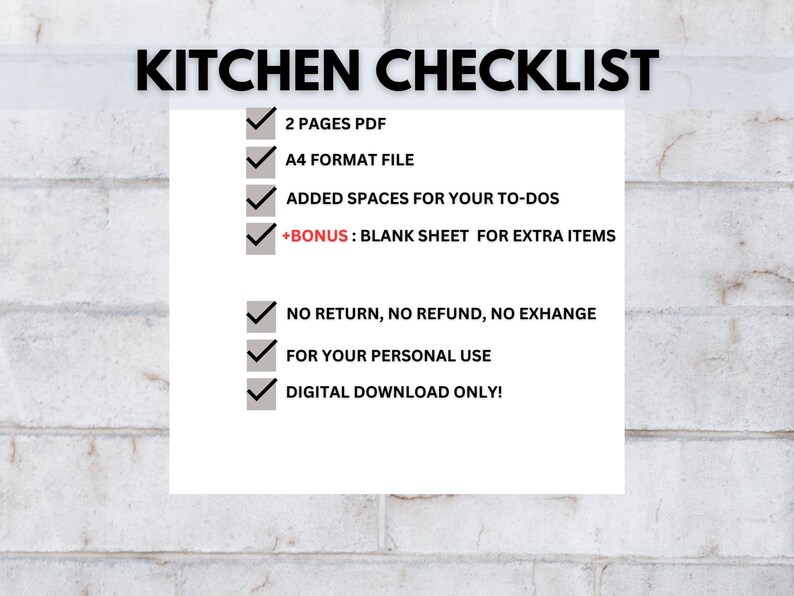 Printable Kitchen Checklist for Home Inventory, Moving Checklist, List ...