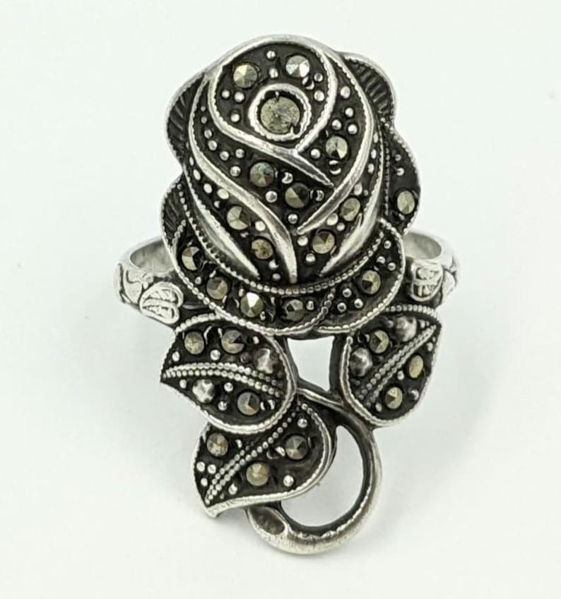 Vintage Sterling Silver Marcasite UNCAS Designer Rose Flower Ring - Etsy