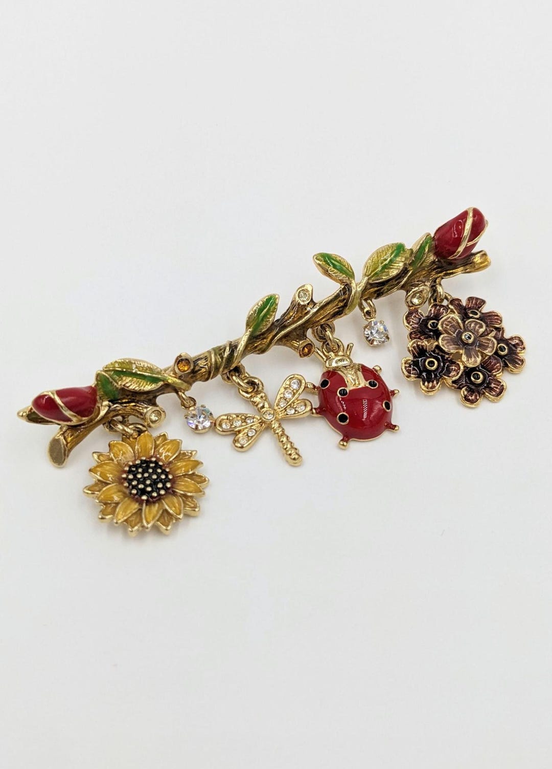 Sparkling Enamel Dragonfly Ladybug Sunflower and Rose Rhinestone Gold ...