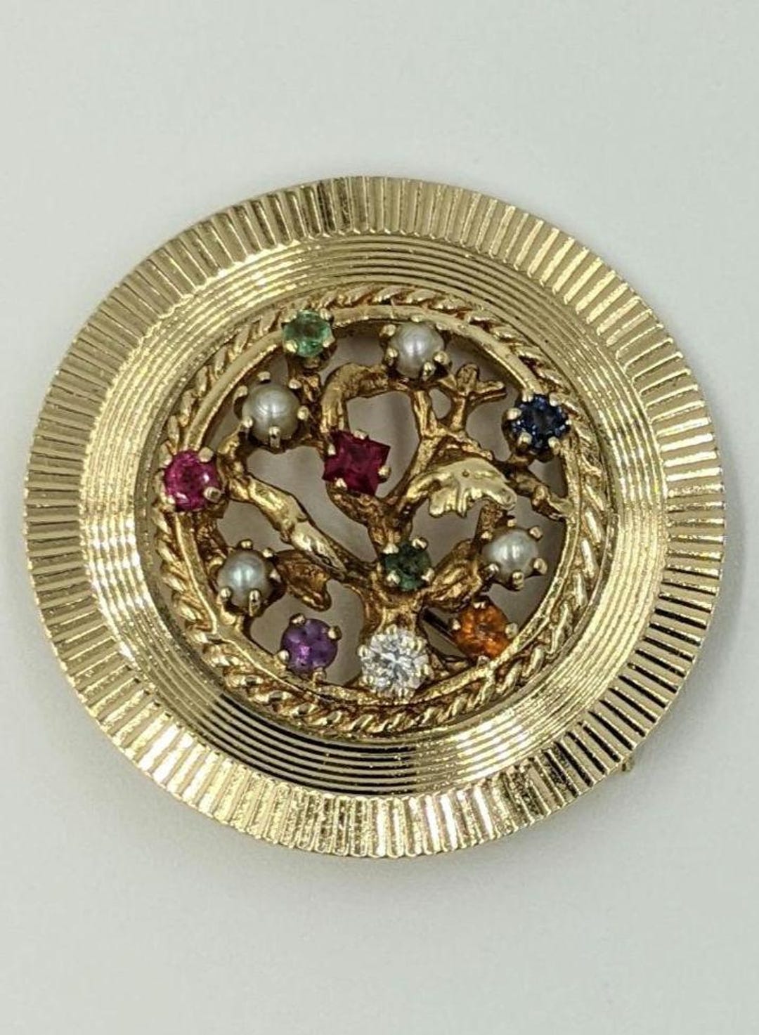 Magnificent Tree of Life Pin 14K Yellow Gold Diamond Ruby Sapphire ...