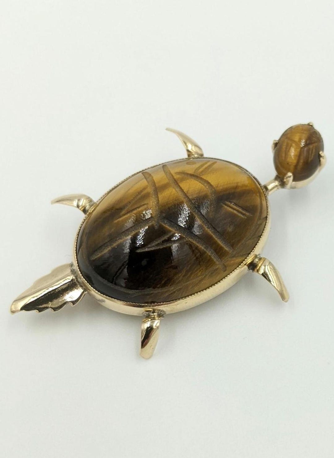 1960's Scarab Turtle Pin Tigers Eye Gemstone Mid Century Tortoise ...