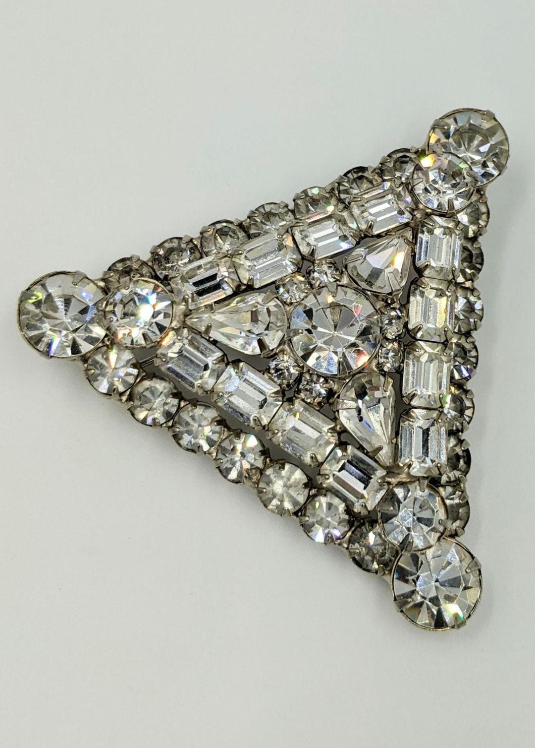 1940's 1950's Huge Vintage Rhinestone Triangle Brooch Pin Silver Tone ...