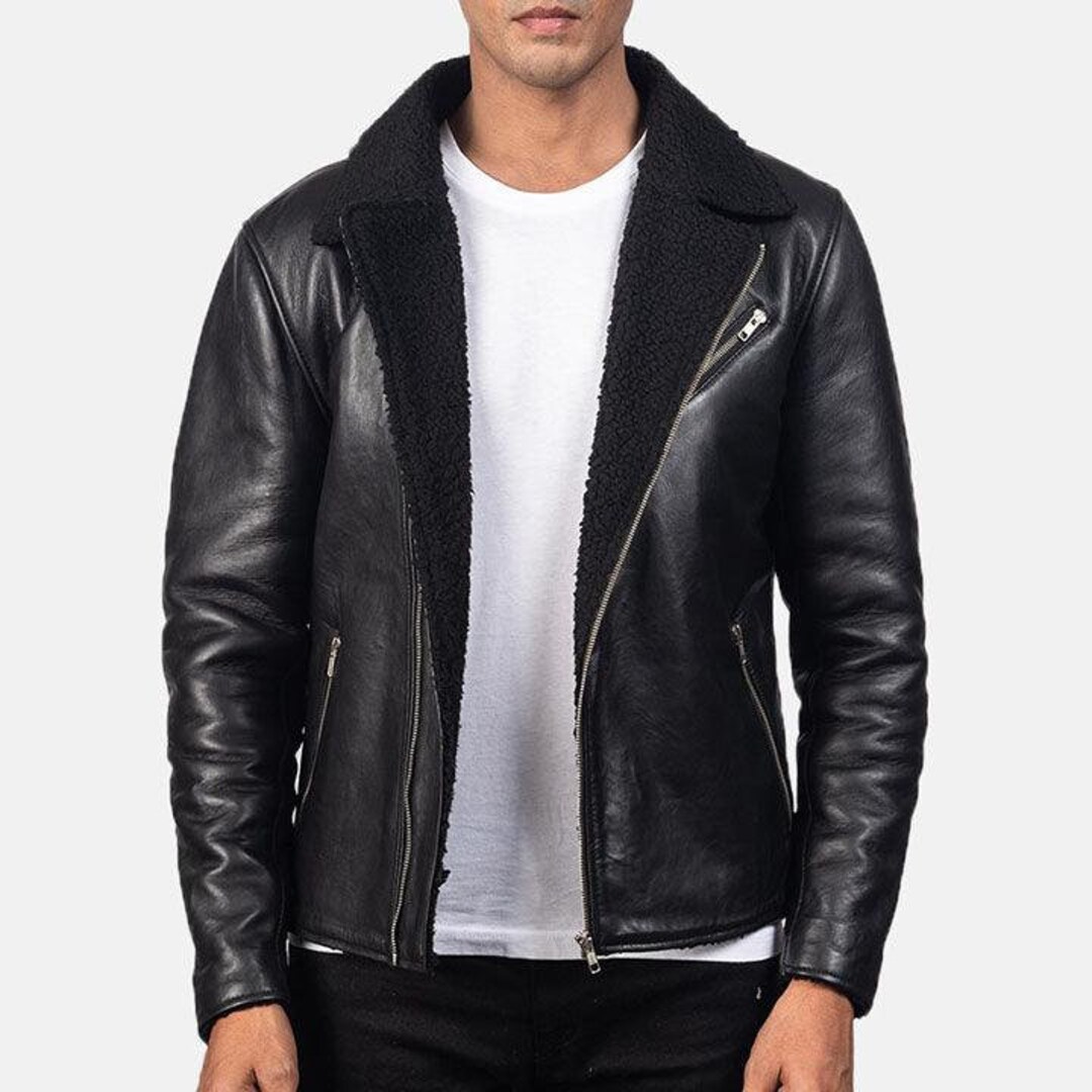 Alberto Black Shearling Men's Faux Fur Leather Jacket Handmade Vintage Winter Pirate Style ...