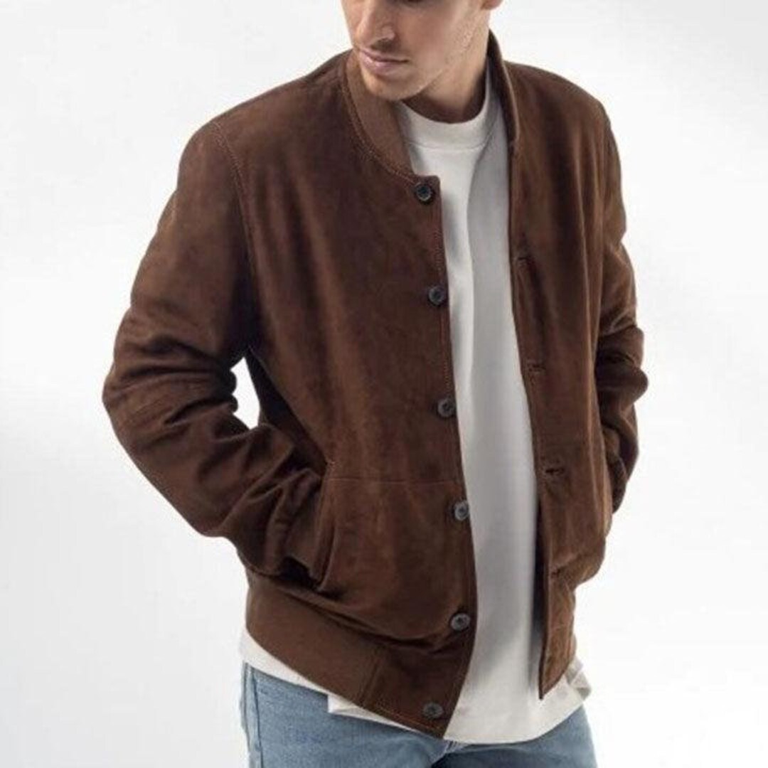 Hugo Cognac Men's Suede Leather Jacket Handmade Varsity Bomber Avirex ...