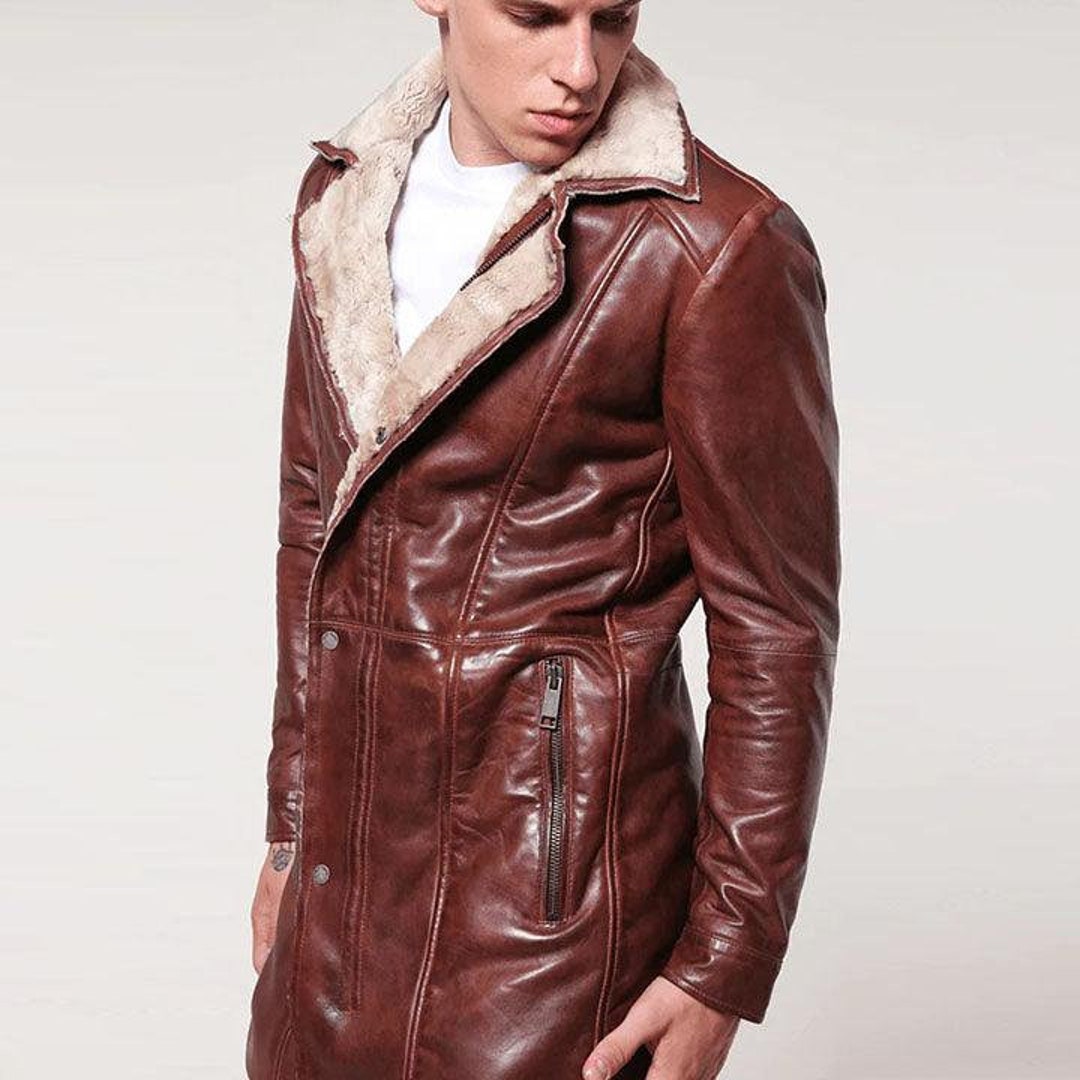 Huxham Brown Men's Shearling Faux Fur Leather Jacket Handmade Coat ...
