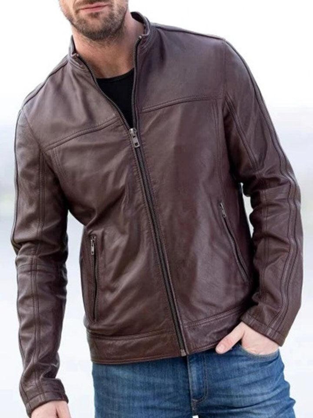 Sheldon Cafe Racer Riding Biker Simple Dark Brown Men's Leather Jacket ...