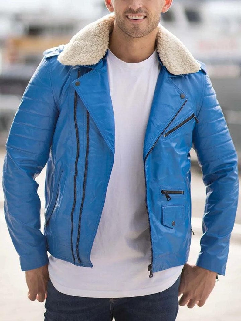 Jaxon Faux Fur Collared Blue Men's Leather Jacket Handmade Coat ...