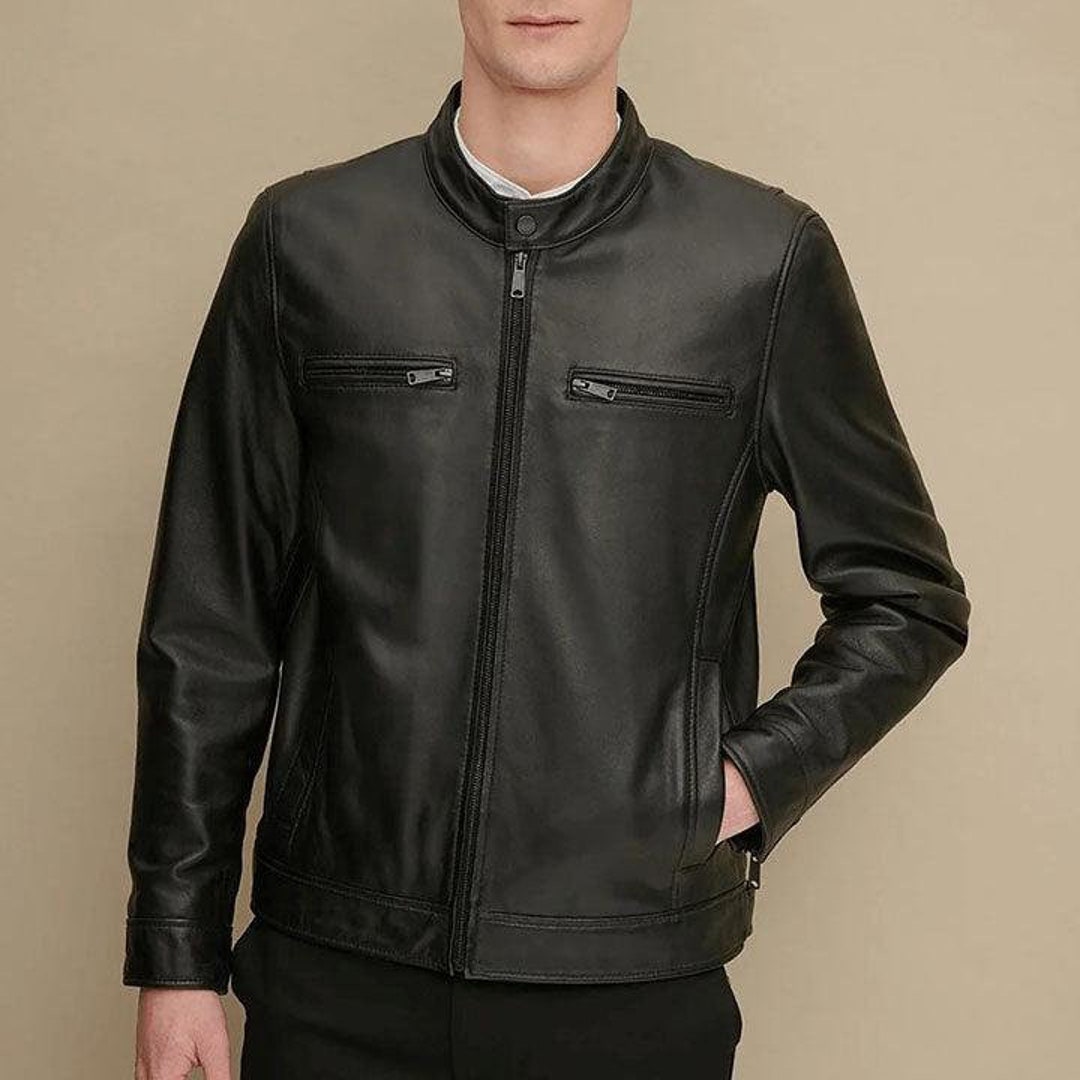 Classic Tab Collar Black Cafe Racer Riding Men's Leather Jacket ...