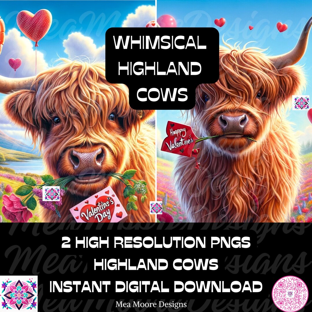 Valentine Highland Cow Clipart, Heart Cow Art, Cute Cow V-day PNG ...