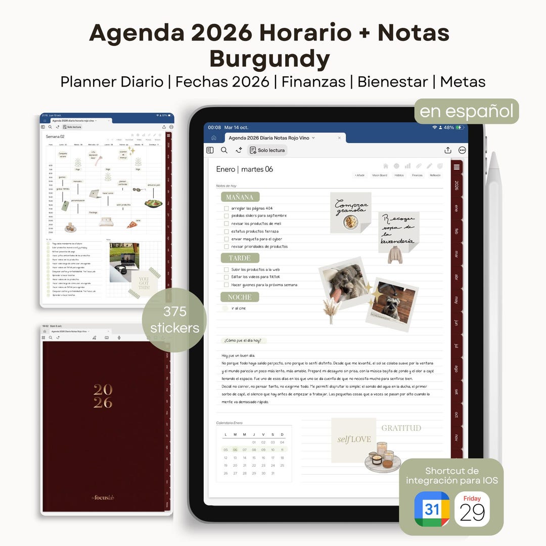 2026 Digital Planner - Schedule + Notes - Burgundy | 375 Stickers ...