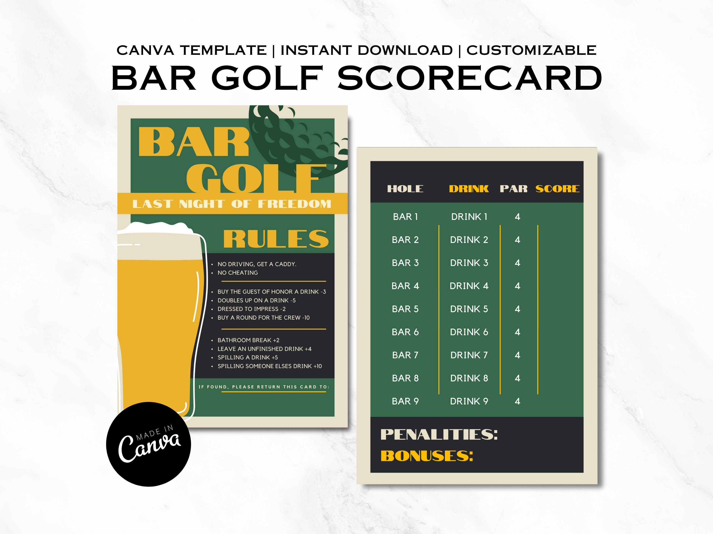Bar Golf Scorecard | Editable Canva Template | Printable Bar Golf ...