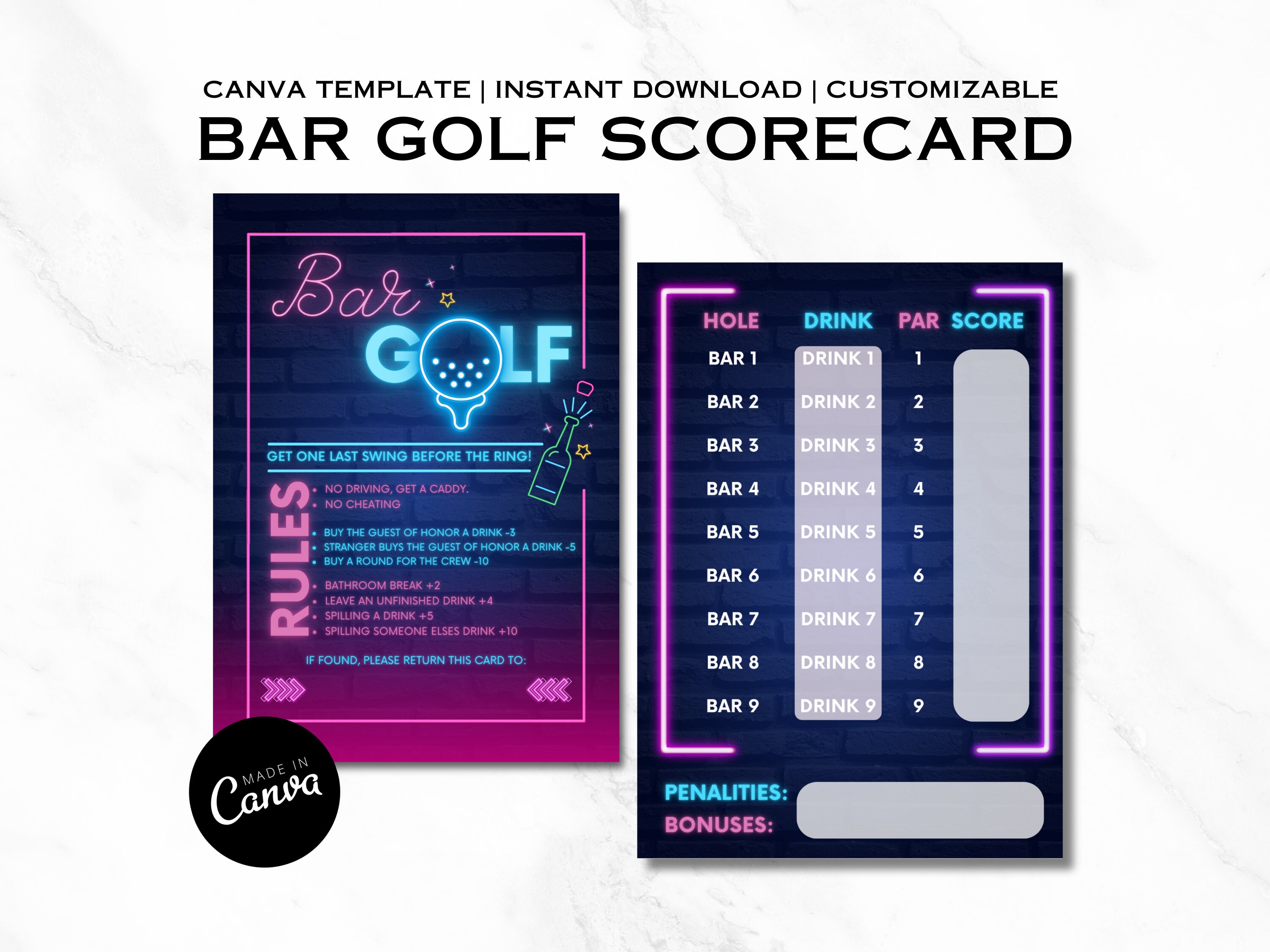 Bar Golf Scorecard | Pub Golf Scorecard | Printable Bar Golf ...