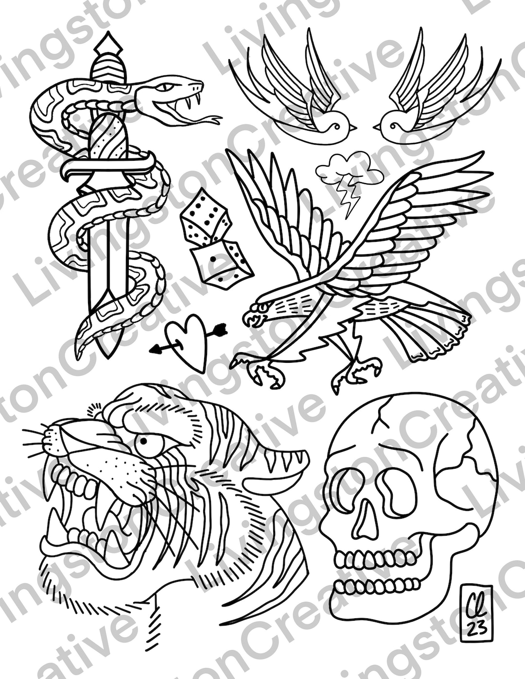 Premade Tattoo Stencil, Traditional Style, Drawn by Me, 8 Designs, 8.5 ...