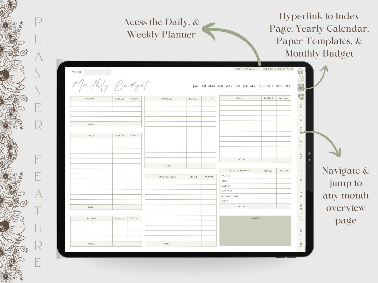 Undated Digital Planner Sage Green Theme, Goodnotes Digital Planner ...