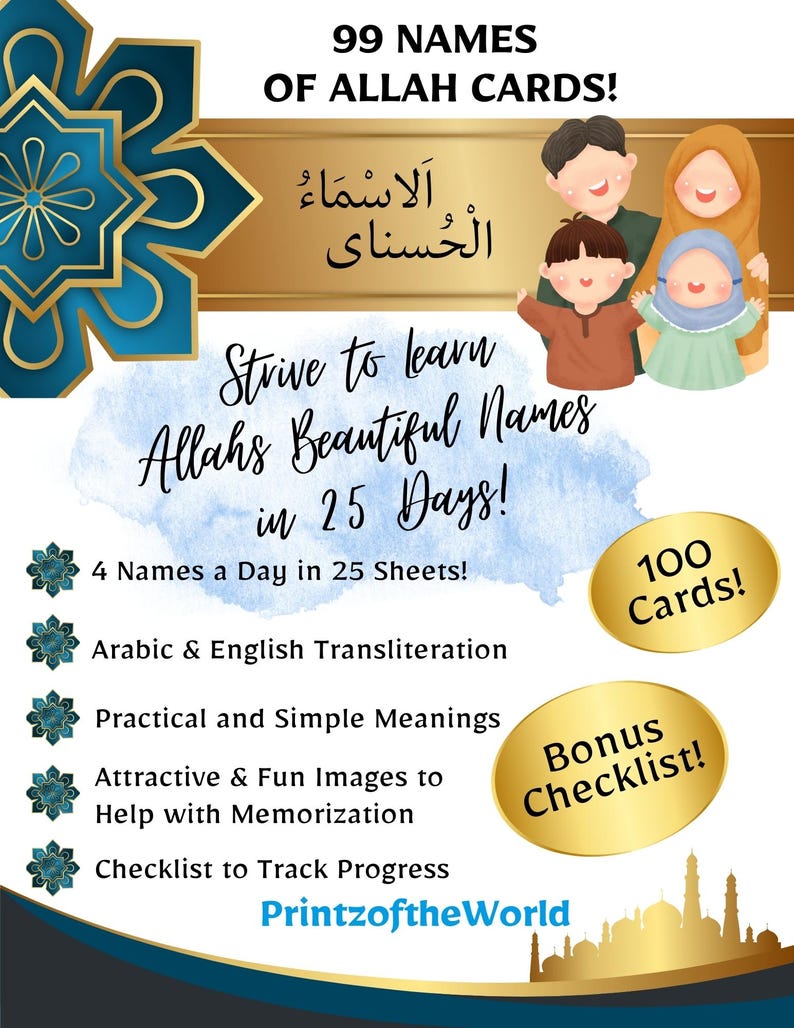 99 Names of Allah Cards for Kids | Learn in 25 Days | Asma Al Husna | Arabic & English | Bonus ...