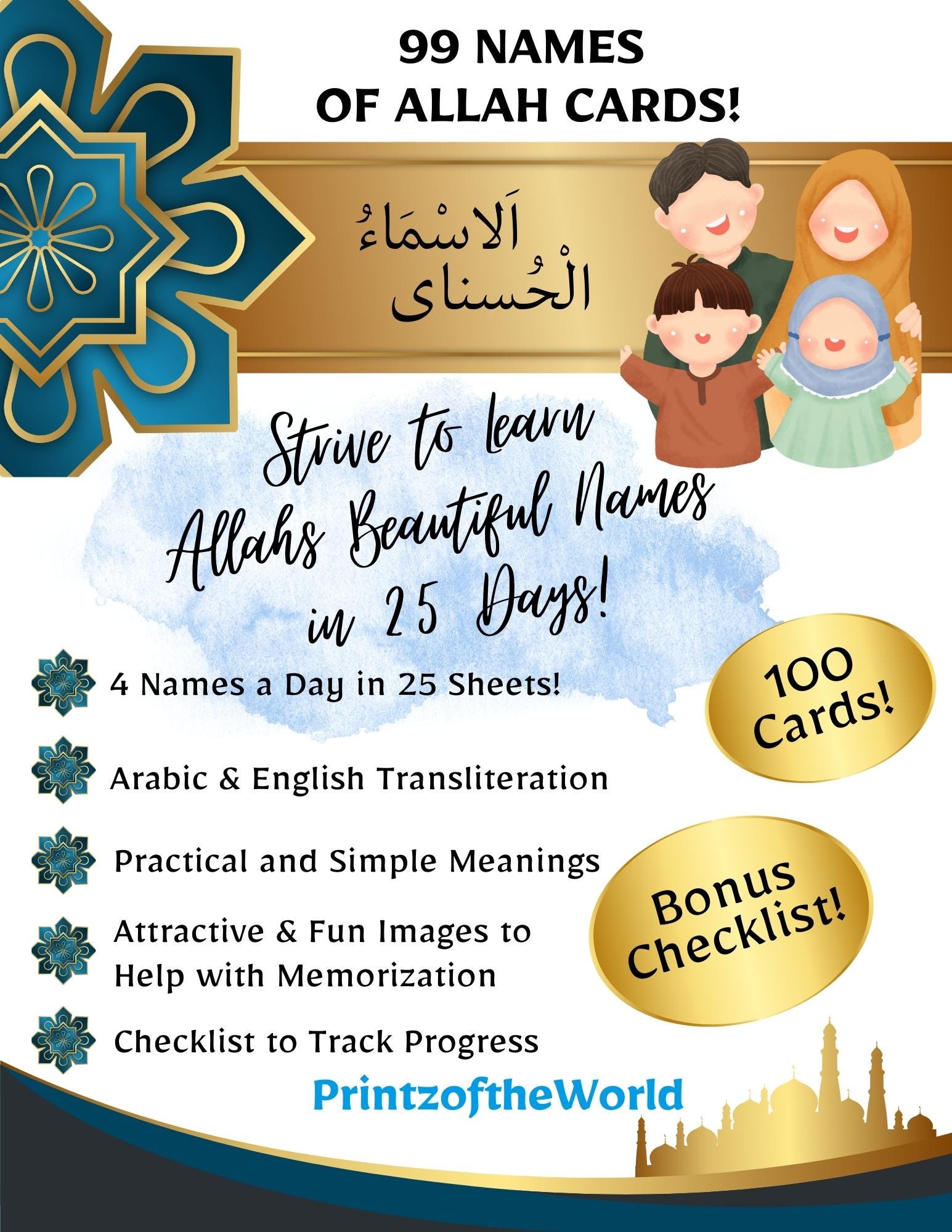99 Names of Allah Cards for Kids | Learn in 25 Days | Asma Al Husna ...