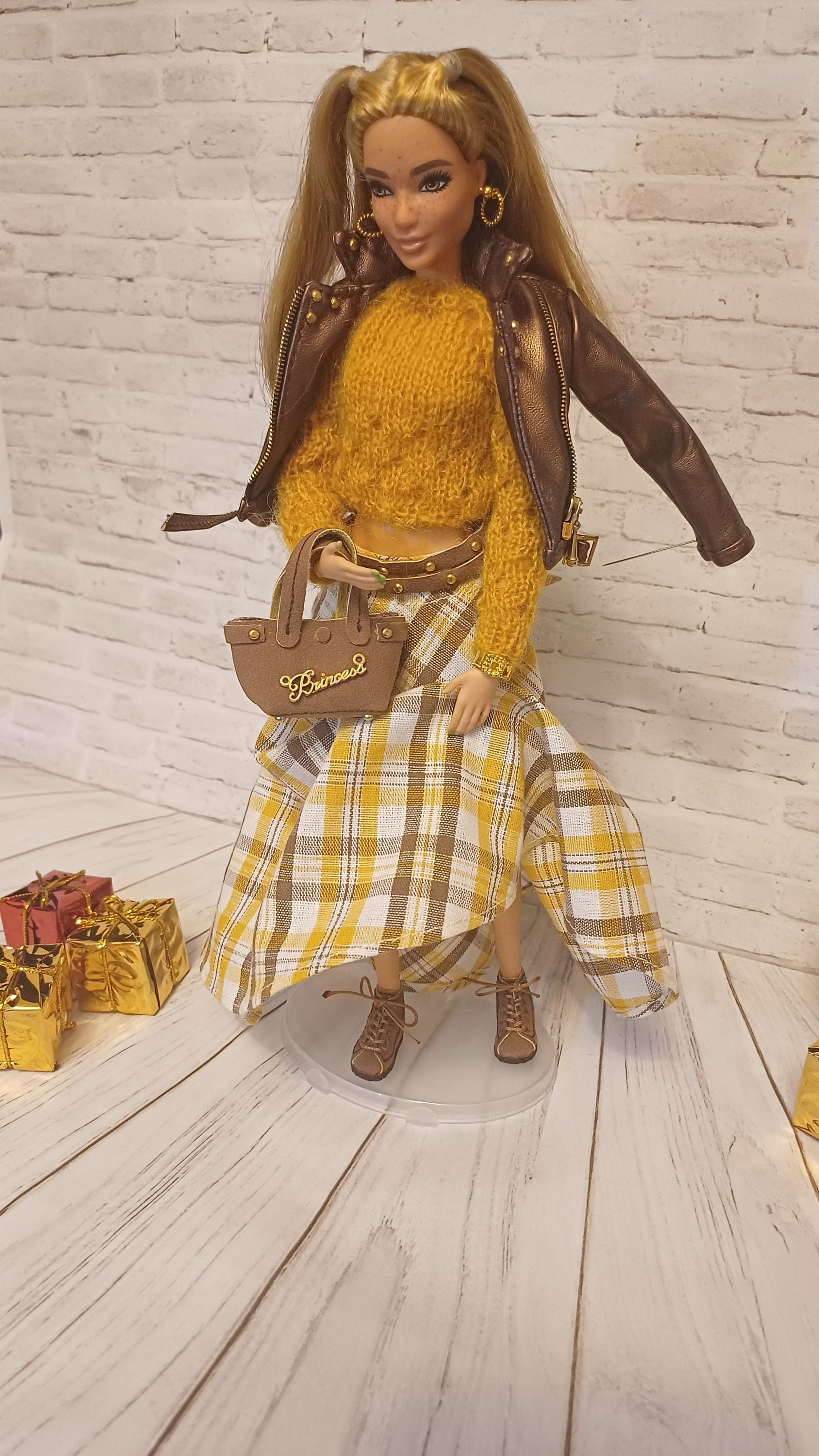 Leather Jacket, Sweater, Bag, Skirt and Handmade Shoes for a 11 Inch ...