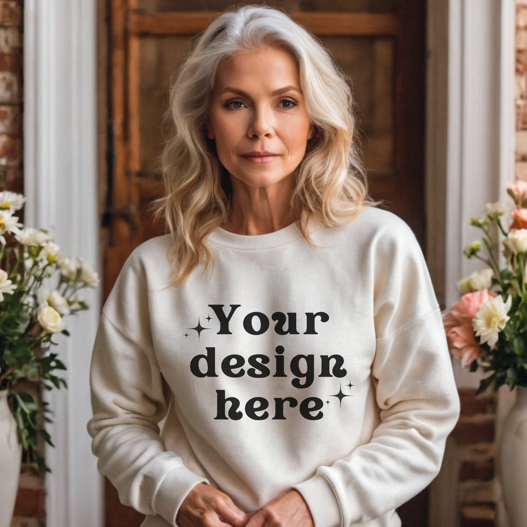 Older Woman Gildan 18000 Mockup, Grandmother Mockup, White Sweatshirt ...