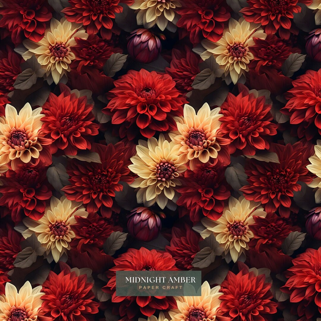 Dark Red and Yellow Dhalia Digital Paper Pattern, Garden Flower Floral ...