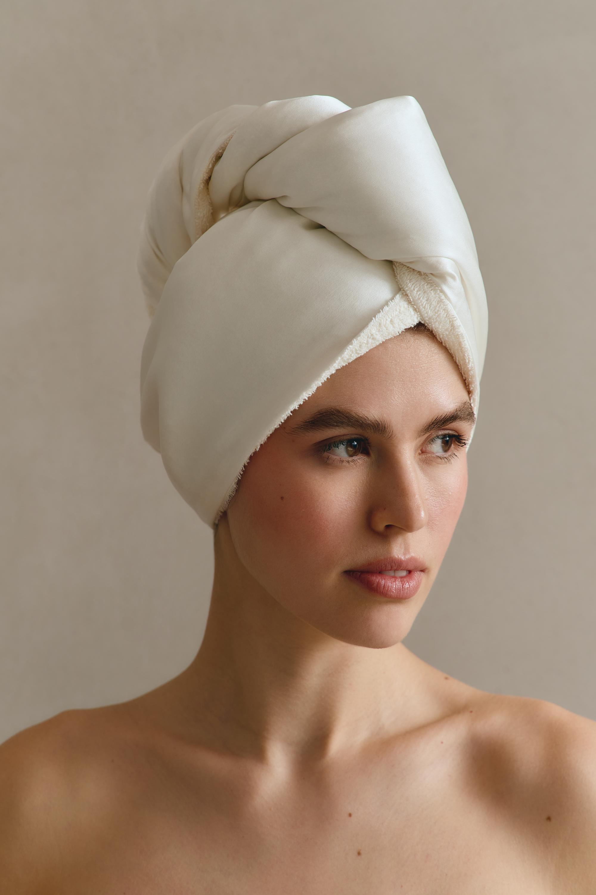 Luxury 100% Natural Silk and Terry Hair Towel Turban in Warm White ...
