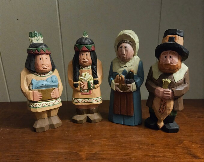 Rustic Wood - Artist Carved and Painted Folk Art Thanksgiving Pilgrims ...