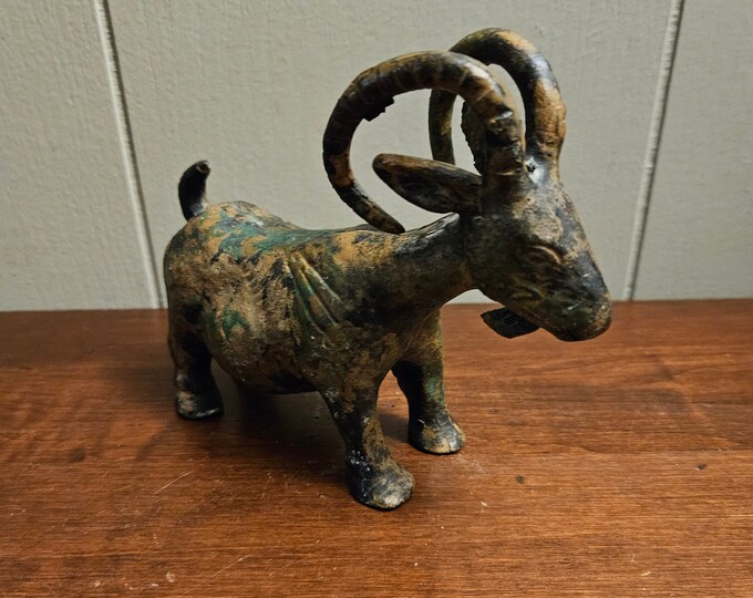 Vintage Japanese MCM Iron Cast Goat Sculpture - Green and Gold Painted ...