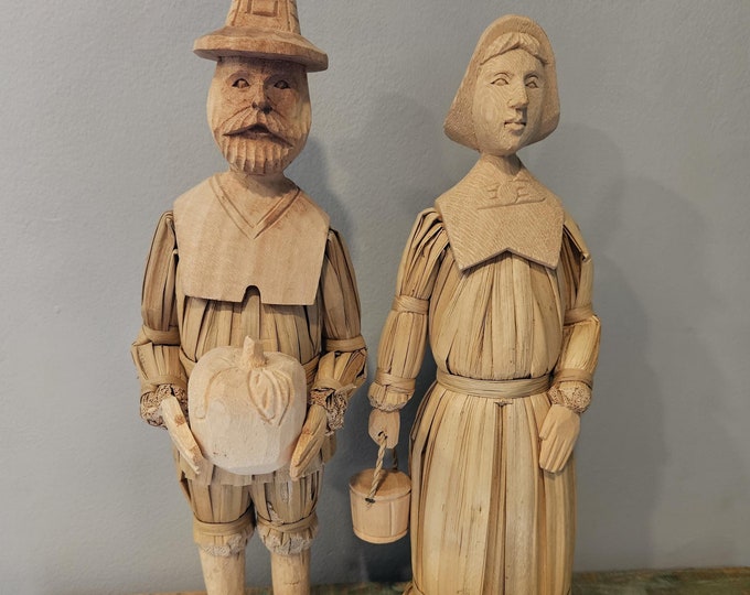 Vintage Folk Art Straw/ Corn Husk and Carved Wood Natural Handmade ...