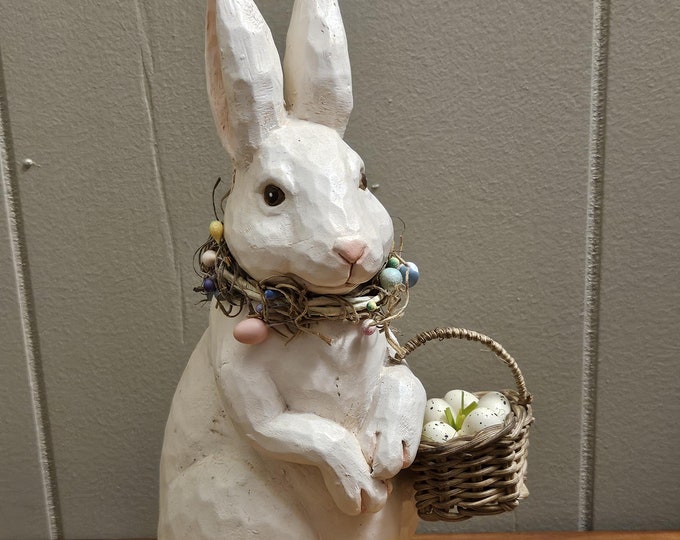 Easter Bunny Rabbit Hand Painted Holding a Woven Easter Basket and Eggs ...