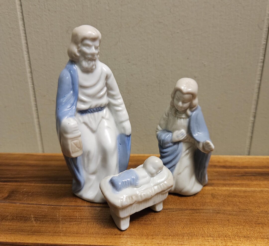 Traditional Blue Milk Glaze Porcelain Nativity Artist Made Holy Family ...