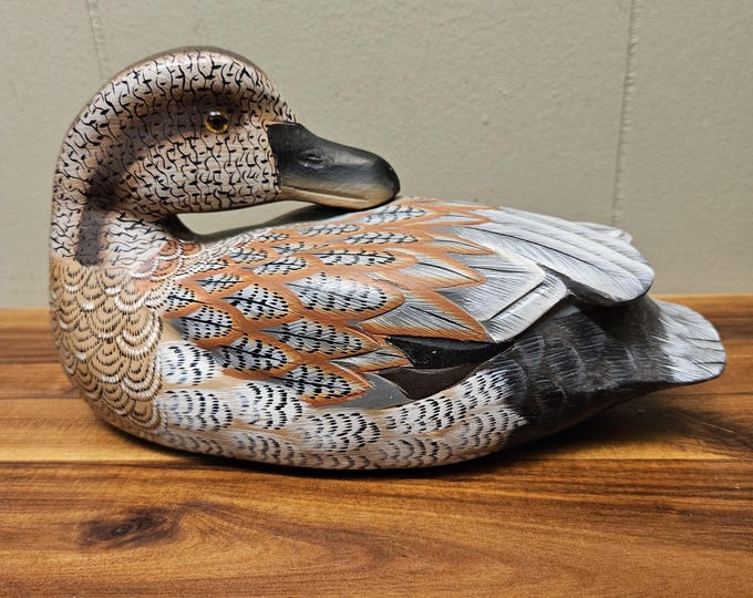 Vintage 1970's Hand Carved / Painted Wood Chinese Duck Decoy - 5" T X 9 ...