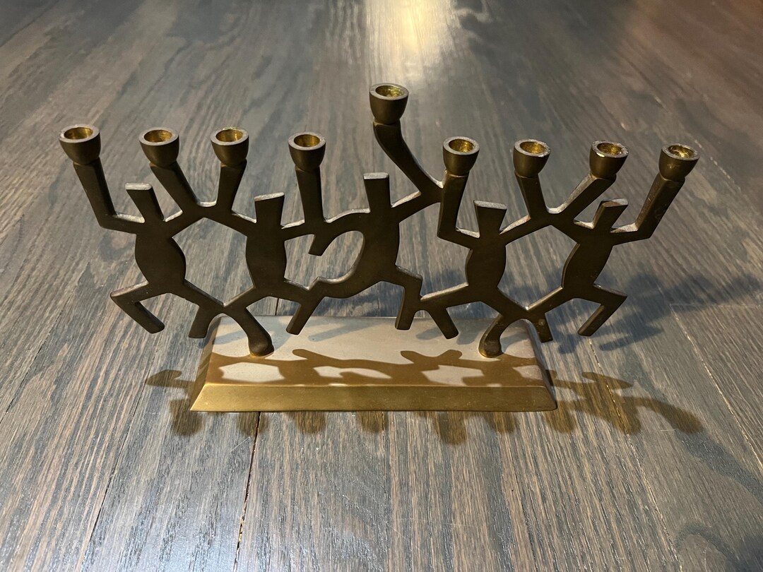 Judaica Menorah, Vintage Keith Haring Style Aged Brass Patina Hanukah 9 ...