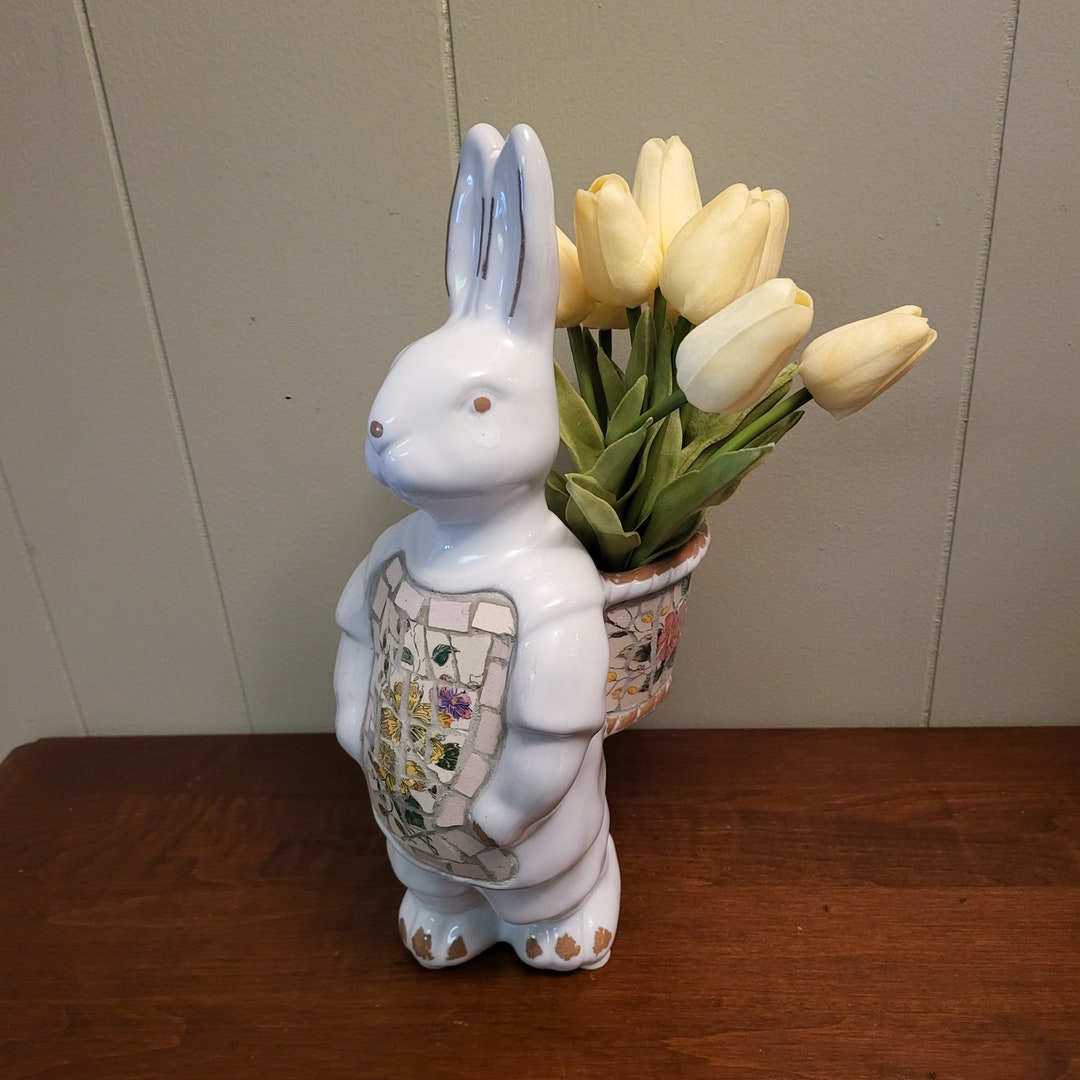 Mosaic Ceramic White Bunny Rabbit and Floral Basket and Mosaic Planter ...