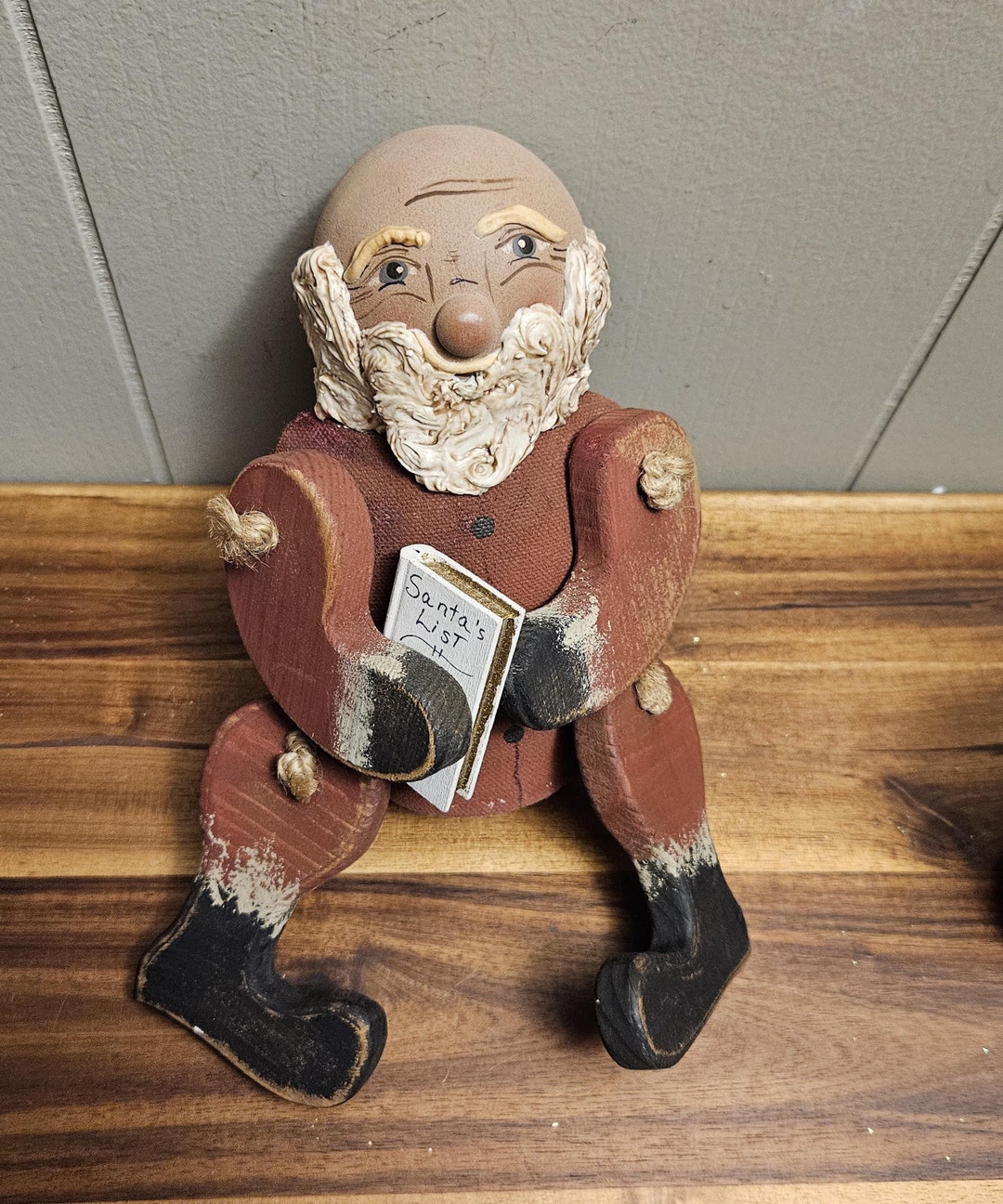 Artist Painted Jointed / Sitting Wood Santa Figure Holding Santa's List ...