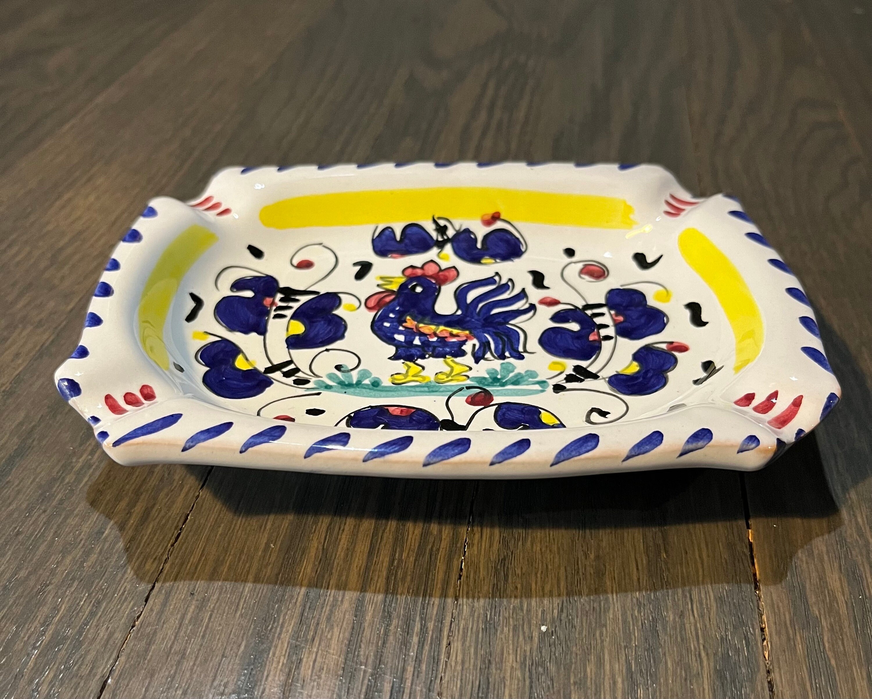 Sambuco Mario Vintage Deruta Blue Floral Ceramic Rooster Ashtray Hand ...