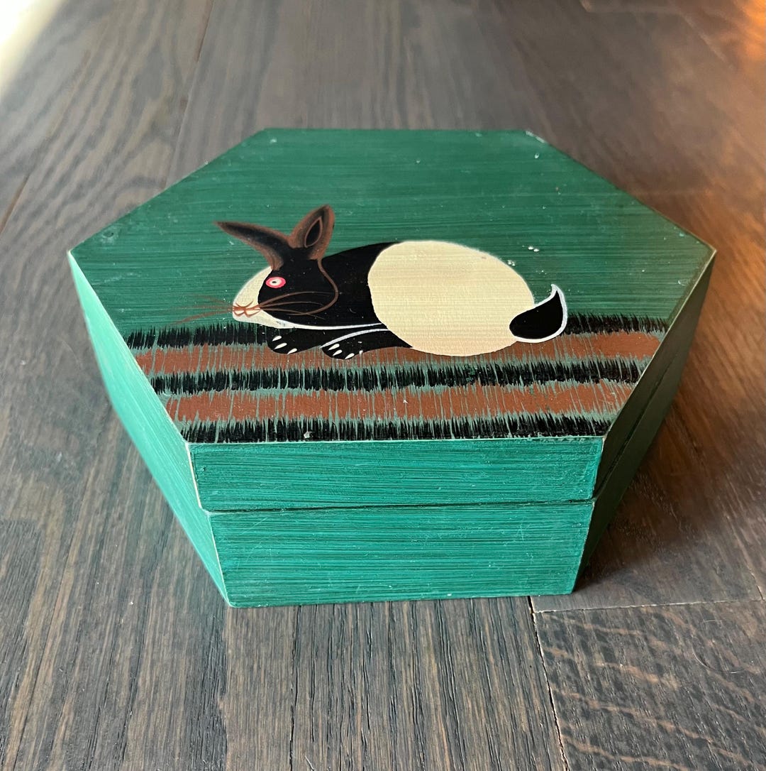 Warren Kimble Hand Painted Folk Art Bunny Rabbit Wood Box, Green ...